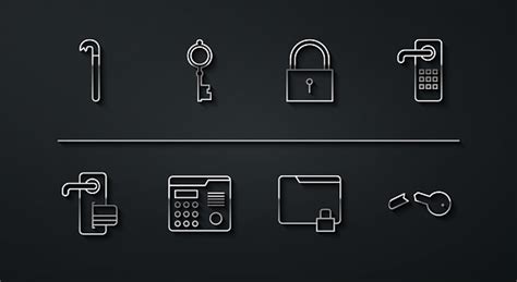 라인 지렛대 디지털 도어 잠금 장치 폴더 및 하우스 인터콤 시스템 오래된 키 깨진 및 잠금 아이콘을 설정합니다 벡터 갈고리 발톱에 대한 스톡 벡터 아트 및 기타 이미지