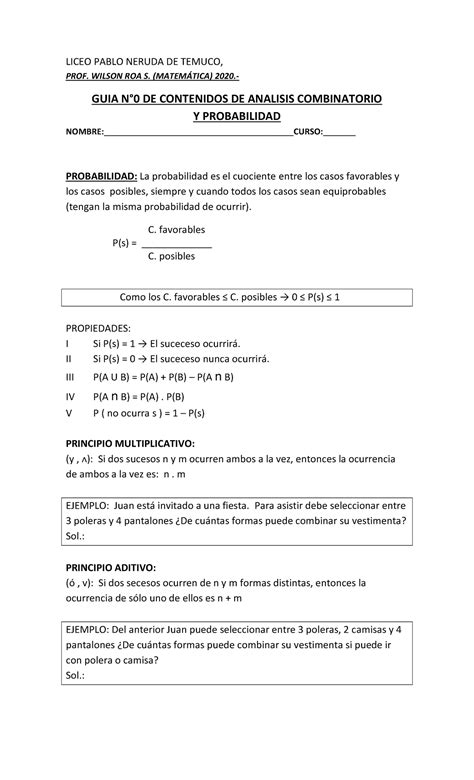 Analisis Combinatorio Concepto Y Formulas LICEO PABLO NERUDA DE TEMUCO PROF WILSON ROA S