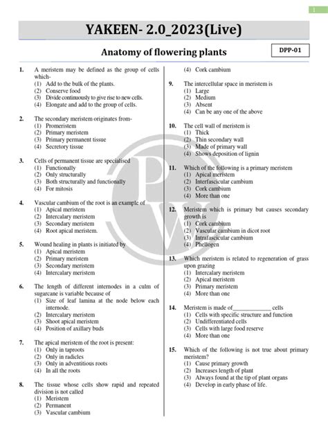Anatomy Of Flowering Plants Dpp 01 Of Lec 02 Yakeen 20 2023 Pw