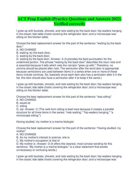 Act Prep English Practice Questions And Answers 2022 Verified Correctly Artofit