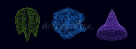 Vector Set Sci Fi Sphere Cube Pyramid With Particles And Lines With