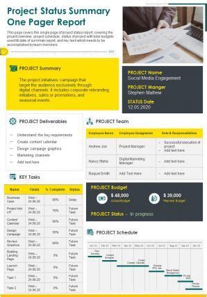 Project Status Summary One Pager Report Presentation