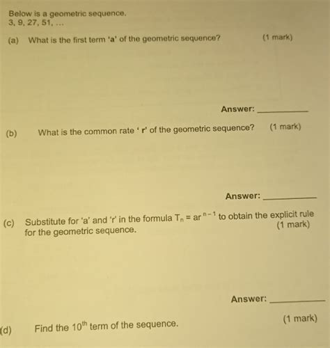 solved below is a geometric sequence 3 9 27 51 a what is