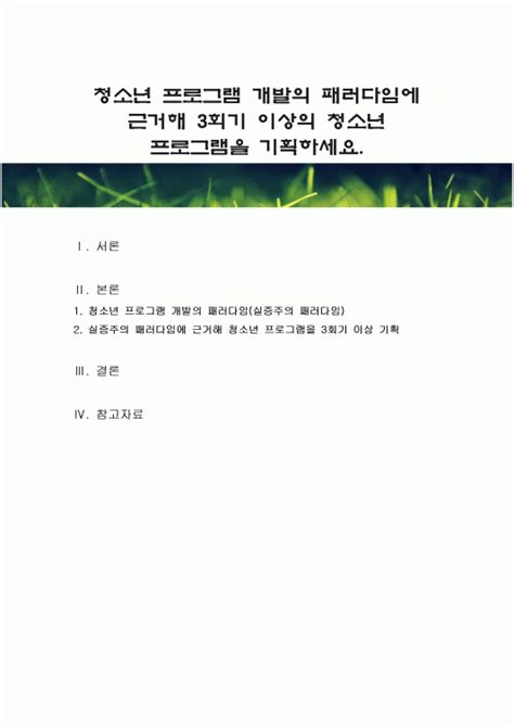 청소년 프로그램 개발의 패러다임에 근거해 3회기 이상의 청소년 프로그램을 기획하세요