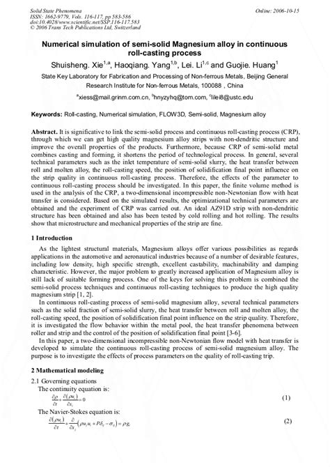 Numerical Simulation Of Semi Solid Magnesium Alloy In Continuous Roll