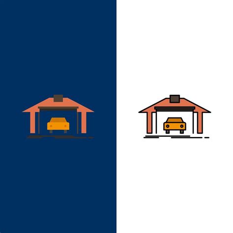Garage Building Car Construction Icons Flat And Line Filled Icon Set Vector Blue Background