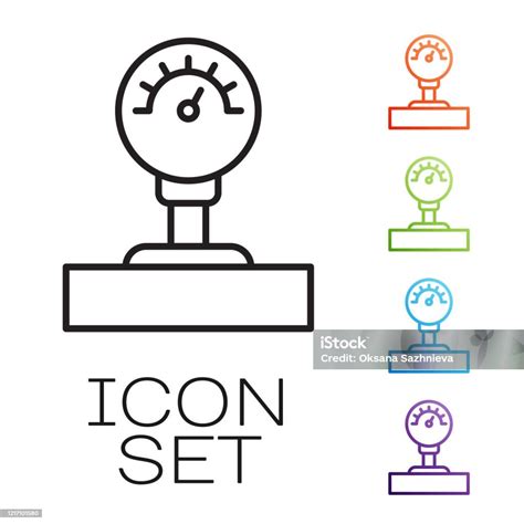 흰색 배경에 격리 된 검은 선 게이지 눈금 아이콘입니다 만족도 온도 기동계 위험 등급 성능 속도 타코미터 다채로운 아이콘을