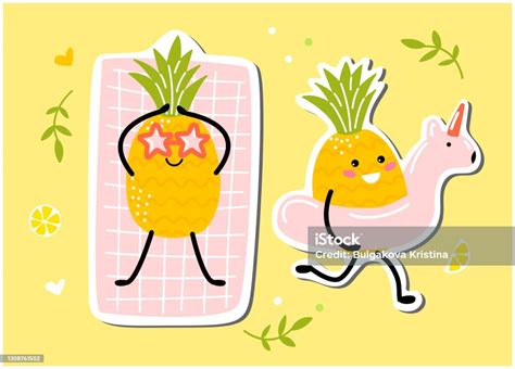 가와이 파인애플 스티커 귀여운 과일은 휴가를 즐길 수 있습니다 바다에서 휴가 만화 스타일의 벡터 일러스트레이션 가공의 인물에 대한 스톡 벡터 아트 및 기타 이미지 Istock