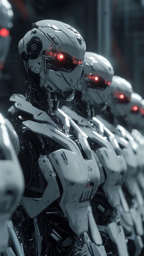 Advanced Silver Humanoid Robots With Glowing Red Lights Stock Image Image Of Robotics
