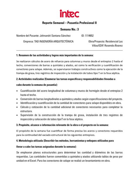 Formulario Reporte Semanal Semana 3 Pdf Ingeniero Civil