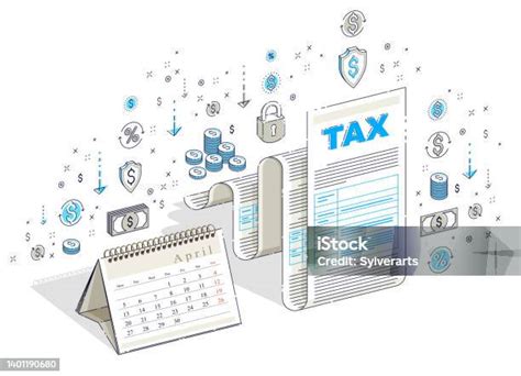 달력이 흰색으로 분리된 과세 개념 세금 양식 또는 종이 시트 법률 문서 아이콘 통계 차트 및 디자인 요소와 아이소메트릭 3d 벡터 금융 그림 기진맥진에 대한 스톡 벡터 아트