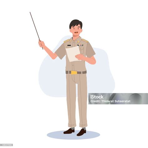 제복을 입은 남성 태국 정부 관리들 포인터 스틱을 들고 지식을 설명하는 태국 남자 교사 만화 캐릭터 플랫 벡터 일러스트레이션