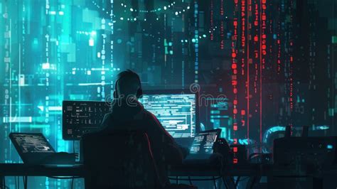 A Lone Hacker In A Dark Hoodie Interacts With Multiple Screens