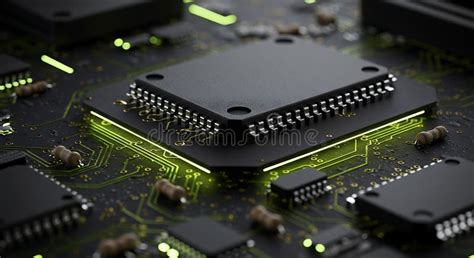 Close Up View Of A Computer Microchip On A Circuit Board With Glowing