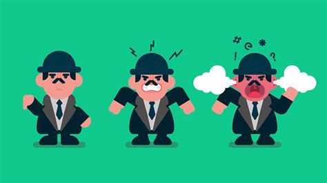 싫어하는 사인을하는 화난 사업가 콧수염 착용 정장을 입은 매우 화가 난 짧은 남자 저주와 냄새 붉은 얼굴로 머리에서 하얀 연기 플랫 아바타 벡터 일러스트레이션 감정에 대한
