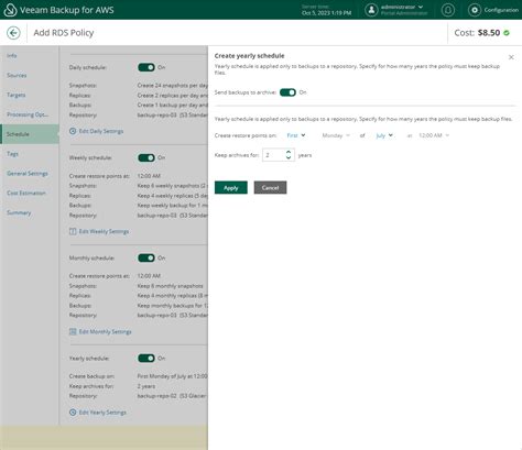 Specifying Yearly Schedule Veeam Backup For AWS Guide