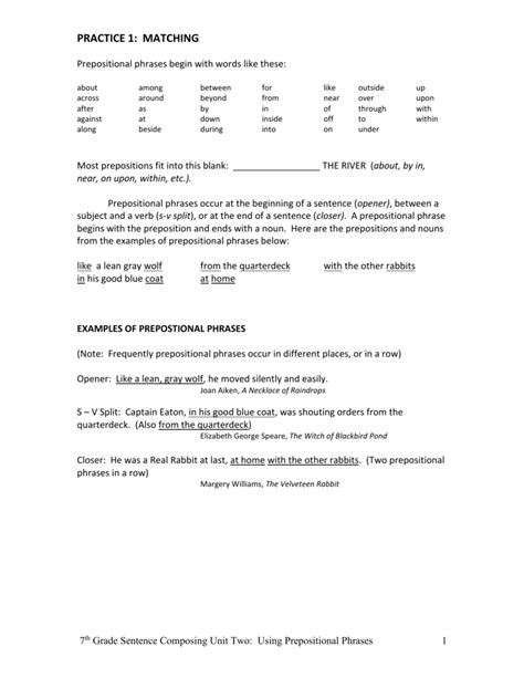 7th Grade Prepositional Phrases Worksheets Preposition Worksheets