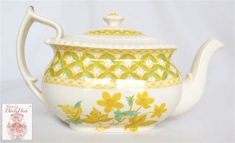 Rare Yellow Transferware Teapot Spode Copeland Lattice And Geraniums F