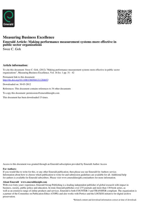 Pdf Making Performance Measurement Systems More Effective In Public Sector Organizations