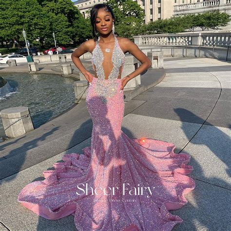 Sheer Fairy Luxury Pink Mermaid Black Girls Prom Dresses For Graduation