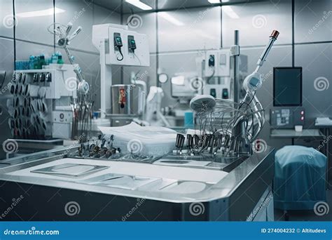 Cleanroom Robot With Tray Of Sterile Instruments Preparing For Surgical Procedure Stock
