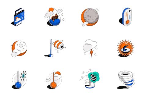 일기 예보 3d 아이소메트릭 아이콘 세트 공기 습도 온도 태양 달 흐린 팩 요소 프리미엄 벡터