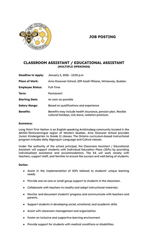 Job Opportunity Classroom Assistant Educational Assistant Multiple