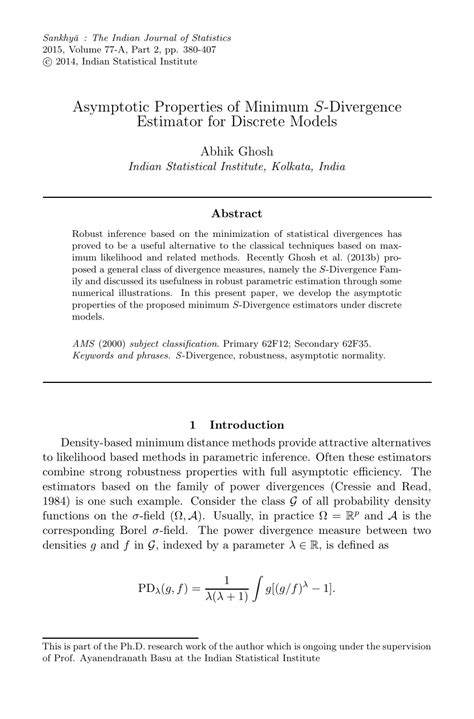 Pdf Asymptotic Properties Of Minimum S Divergence Estimator For