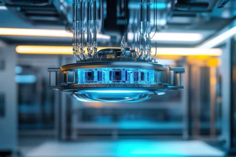 advanced quantum computing device suspended in a high tech research laboratory setting stock