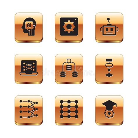 Set Humanoid Robot Neural Network Server Data Artificial Intelligence Graduation Cap And