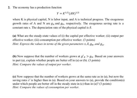 Solved 2 The Economy Has A Production Function Y K1 2