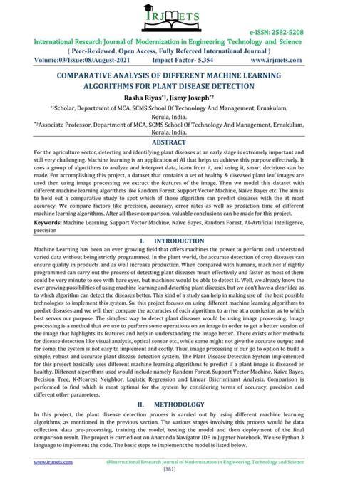 Comparative Analysis Of Different Machine Learning Algorithms For Plant