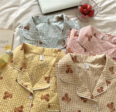 체크 곰돌이 면 잠옷 파자마 홈웨어 바지 상하 세트