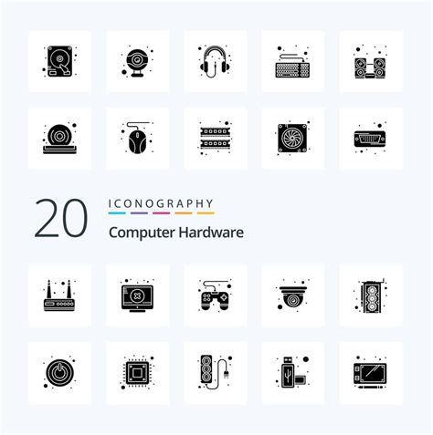 20 Computer Hardware Solid Glyph icon Pack like power graphic card game pad computer design ...