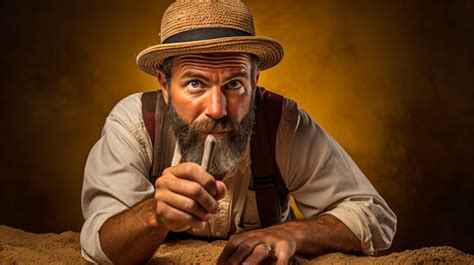 Premium Ai Image Curious Male Archaeologist With Ancient Artifacts