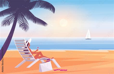Woman Relaxing And Sunbathing On Summer Sea Beach Vector Illustration