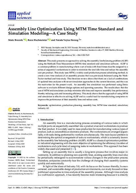 pdf assembly line optimization using mtm time standard and simulation