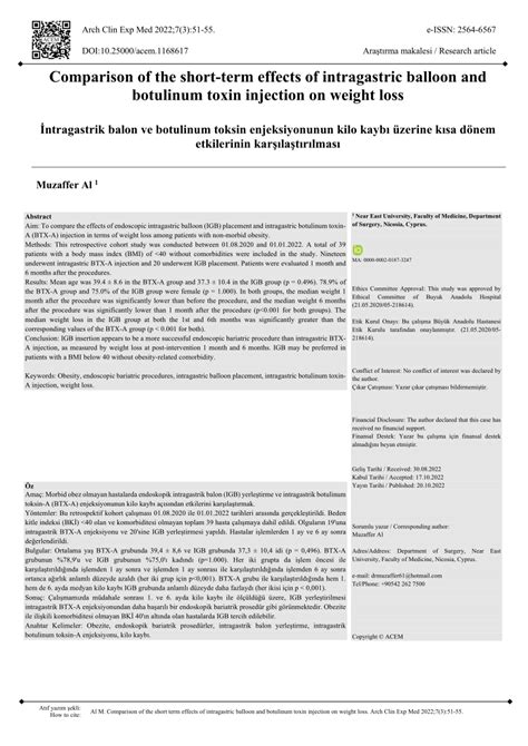 Pdf Comparison Of The Short Term Effects Of Intragastric Balloon And Botulinum Toxin Injection