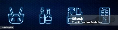 세트 라인 금전 등록기 쇼핑 바구니 위스키 병 및 퍼센트 할인 및 모바일 벽돌 벽에 빛나는 네온 아이콘입니다 벡터 가방에 대한 스톡 벡터 아트 및 기타 이미지 Istock