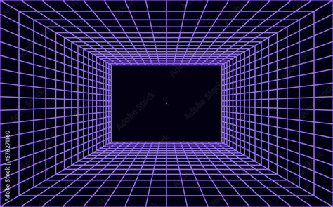 Perspective Grid Room 3d Wireframe Background In Neon Violet Color Vector Futuristic Digital