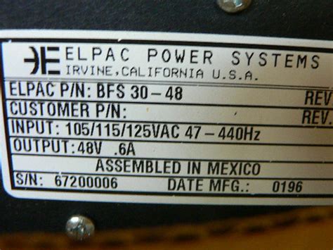 Elpac Power Systems Bfs 30 48 Power Supply Fen Industrial