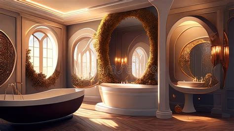 Bathroom Interior With White Bathtub And Golden Decoration Ai