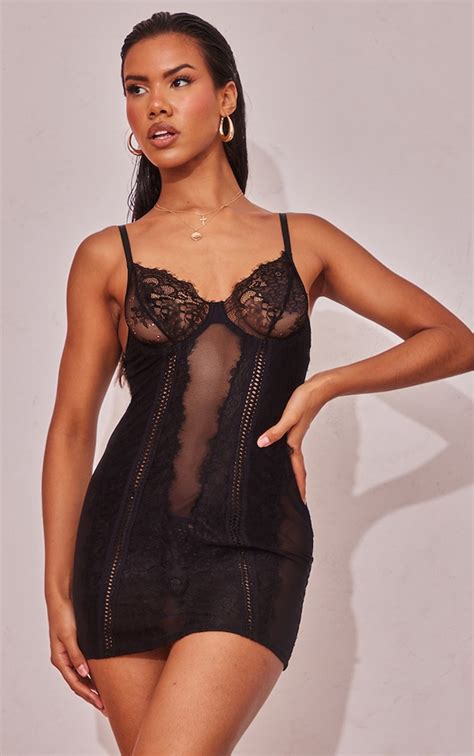 Black Embroidered Trim Lace Slip Dress And Thong Set Lingerie