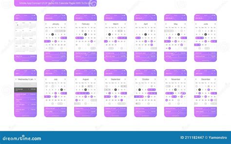 Calendar Mobile App UI UX Concept Vector Kit Isolated On White Background Stock Vector