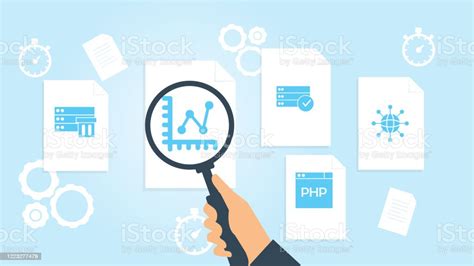 데이터베이스 서버 네트워크 파일 문서 연구 벡터 일러스트레이션 검색 아이콘으로 문서작성합니다 파일 및 돋보기 분석 연구