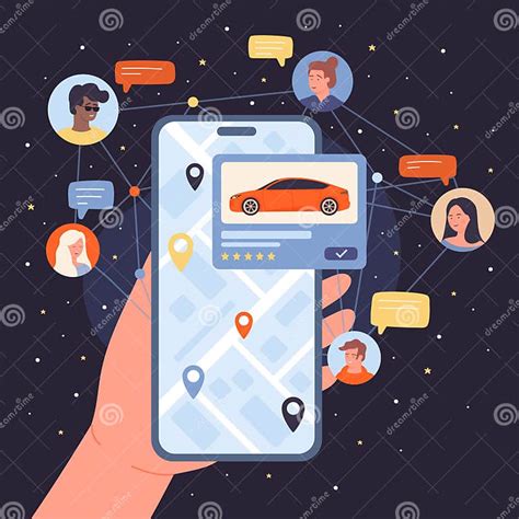 Share Car Online Hand Holding Phone With Car Sharing App On Screen Community Of People Stock