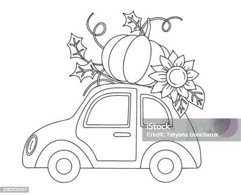 색칠 공부 낙서 스타일의 벡터 그림입니다 귀여운 추수 감사절 구성 호박 자동차 가을 수확 재미 있는 빈티지 프린트 가을에 대한 스톡 벡터 아트 및 기타 이미지 Istock