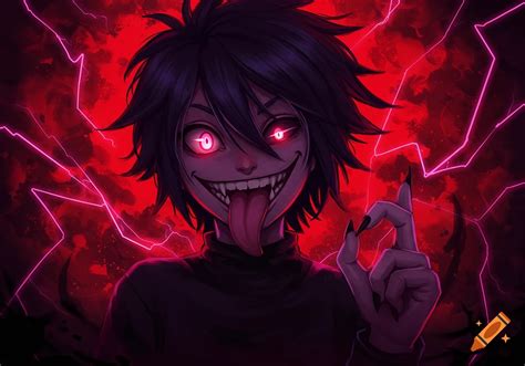 An Anime Character With Glowing Red Eyes Sharp Fangs And A Long