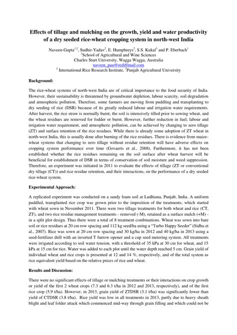 Pdf Effects Of Tillage And Mulching On The Growth Yield And Water Productivity Of A Dry
