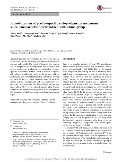 Immobilization Of Proline Specific Endoprotease On Nonporous Silica
